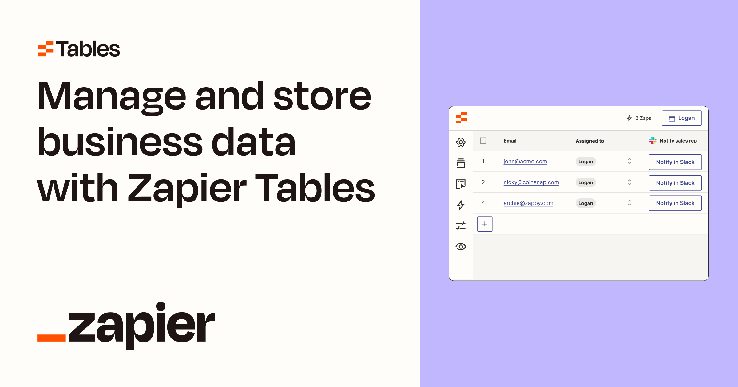 Manage and store your business data with Zapier Tables